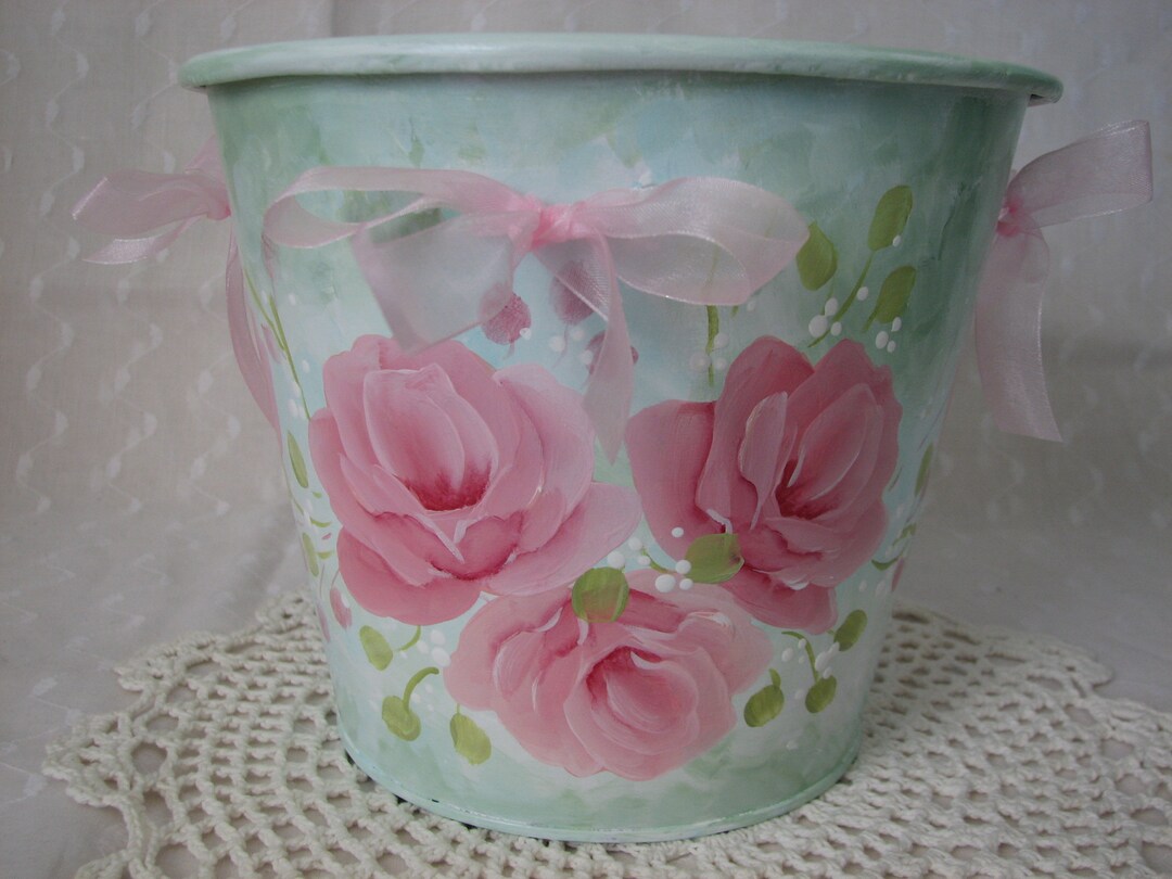 Metal Tin Bucket Pail Hand Painted Pink Roses Ribbon Cottage Chic Home ...