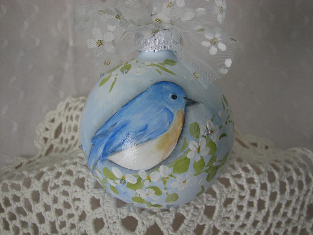 Glass Ball Ornament Hand Painted Bluebird, Flowers - Etsy