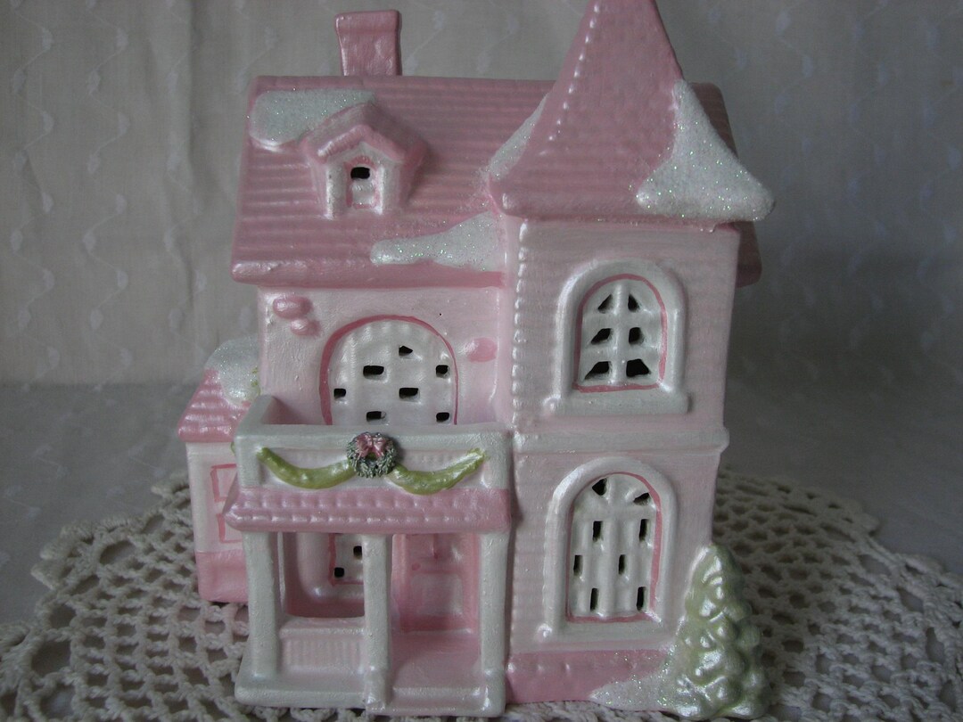 Pink Christmas House Village Hand Painted Mantle Decor No. 2 - Etsy
