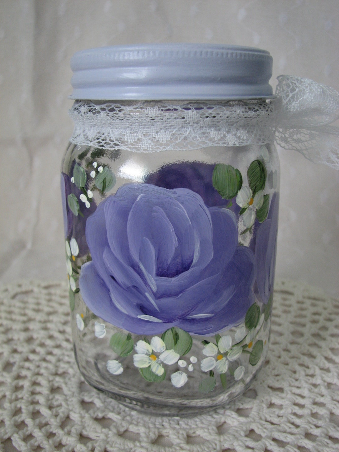 Glass Storage Mason Jar With Lid Hand Painted Lilac Purple Roses - Etsy