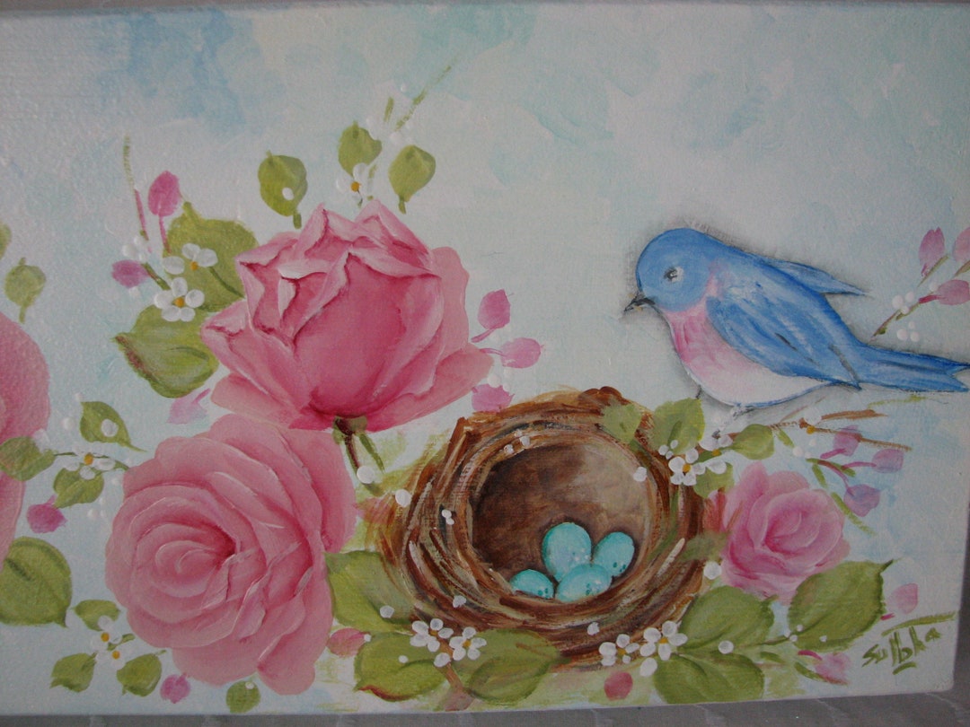 Bluebirds Nest Pink Roses Aqua Hand Painted 15 3/4 by 7 Wood Block ...