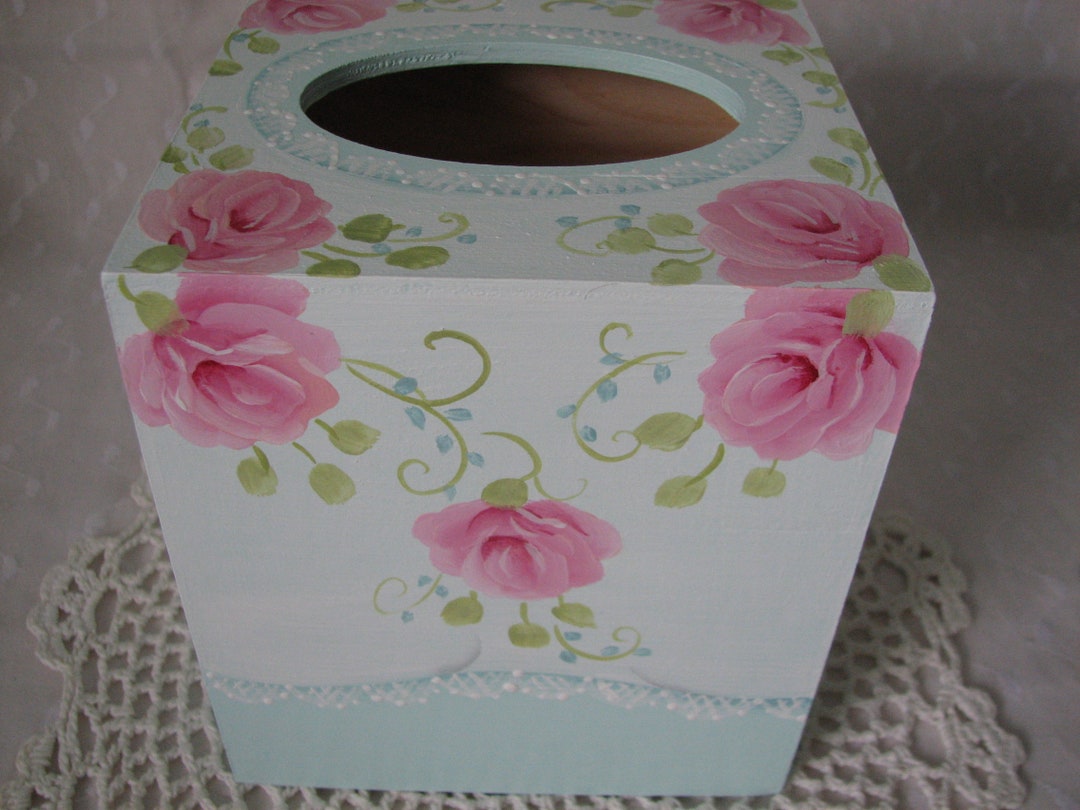 Pink Roses, Lace Tissue Box Cover Holder Aqua Blue Hand Painted Wood ...