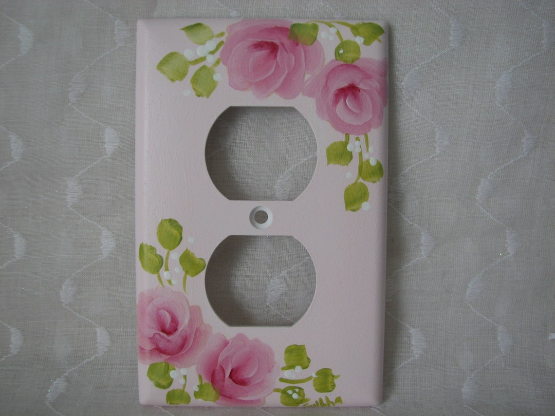 Pink Roses Outlet Wall Plate Cover Hand Painted Home Decor Shabby ...