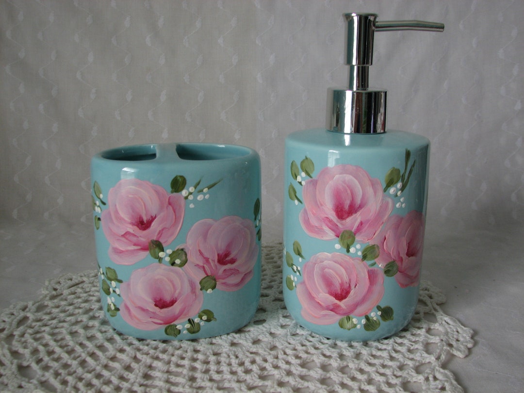 Turquoise Aqua Blue Soap Dispenser Pump Toothbrush Holder Hand Painted ...