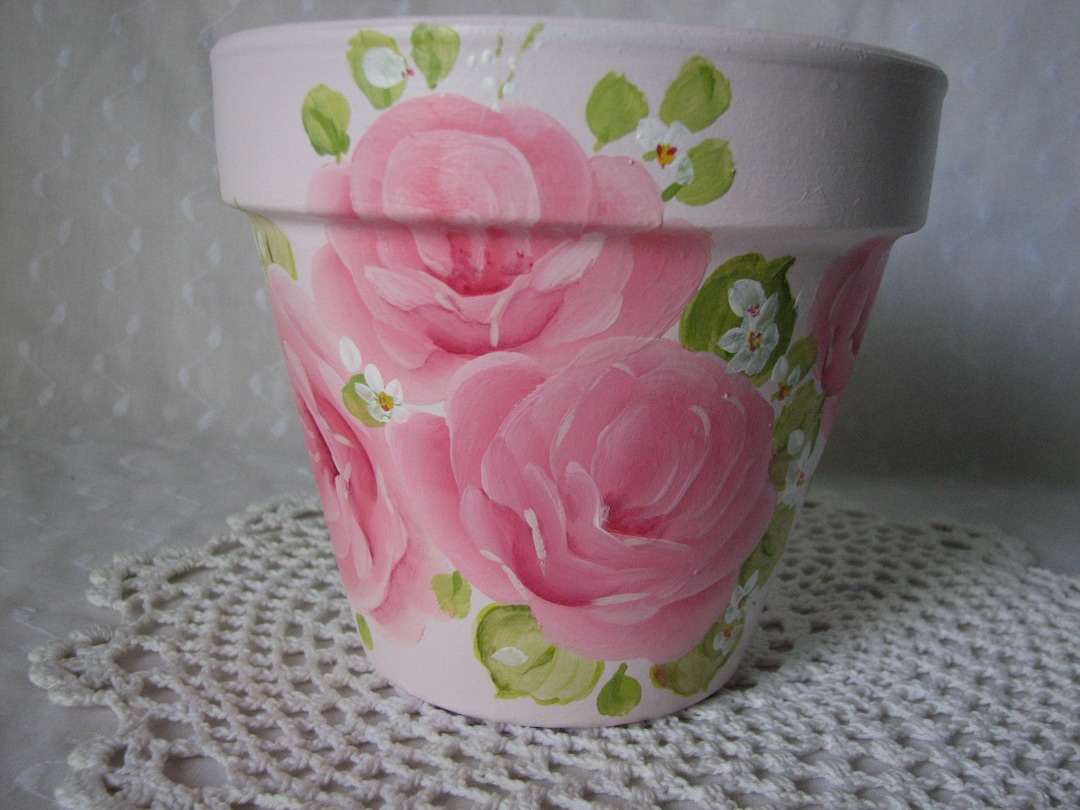 Hand Painted Terracotta Clay Decorative Flower Pot Pink Roses - Etsy