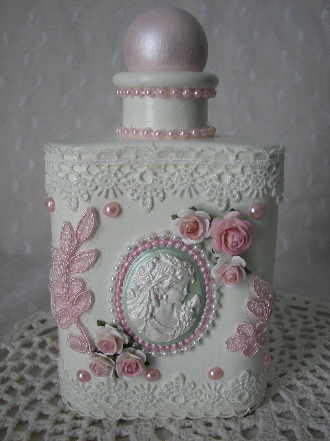 Small Decorative Glass Bottle Shabby Chic Victorian Style Lace Pink ...