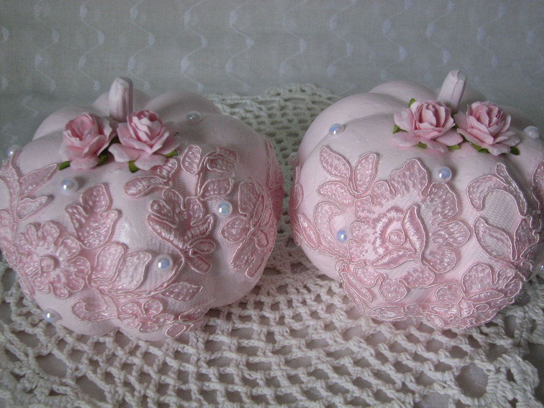 Pumpkins Pink Roses Lace Pearls Hand Painted Fall Autumn Decor Cottage ...