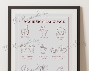 8x10 Texas Aggie Sign Language Printable Wall Art | White on Gray Aggie ...