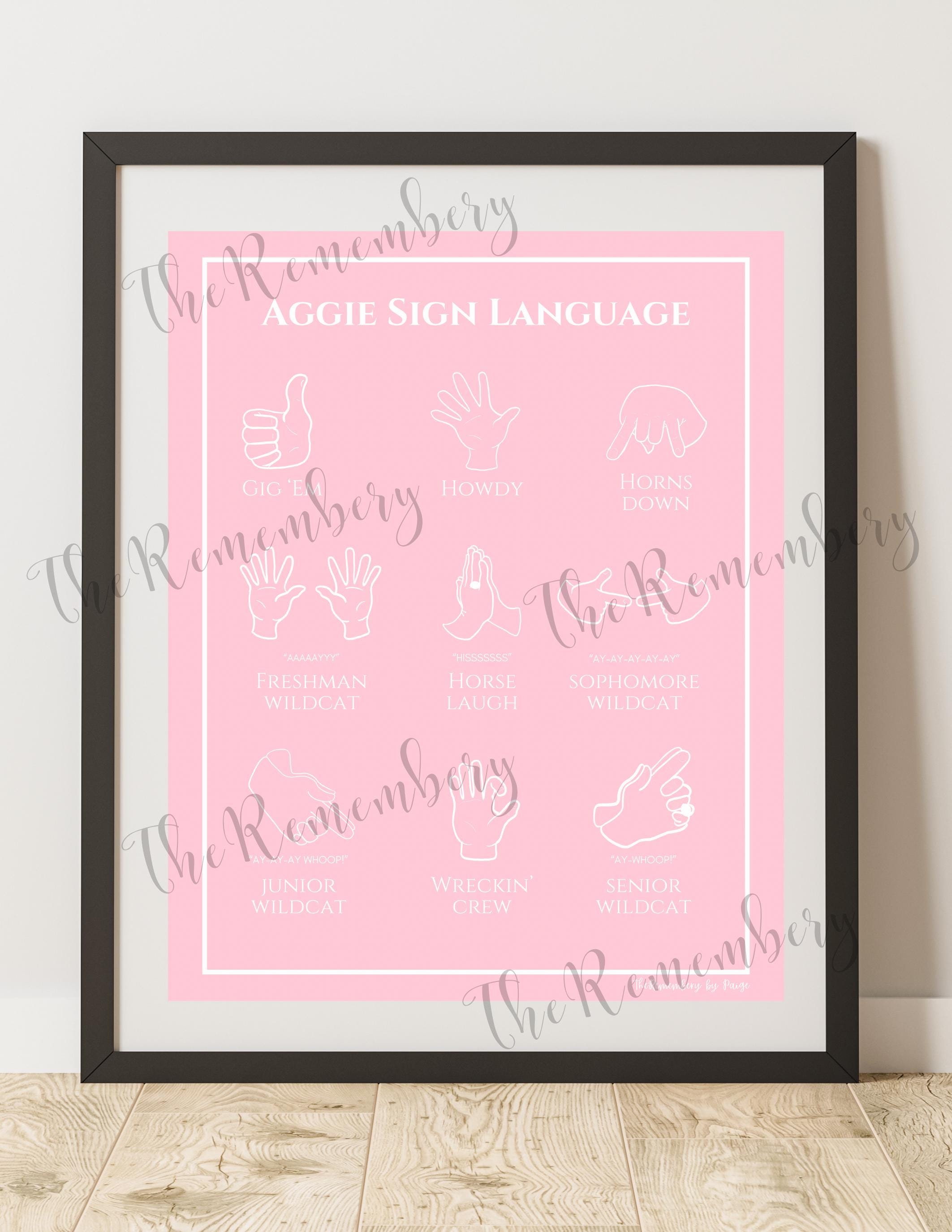 8x10 Texas Aggie Sign Language Printable Wall Art | White on Pink Aggie ...