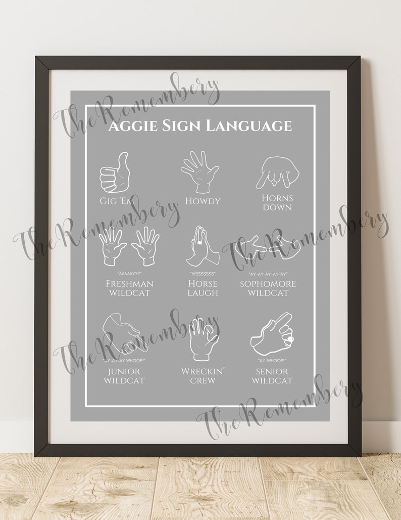 8x10 Texas Aggie Sign Language Printable Wall Art White on Gray Aggie ...