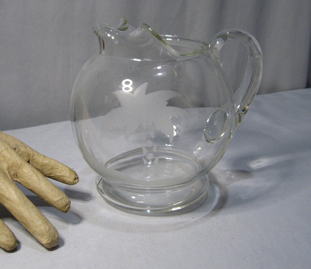 Vintage Etched Glass Pitcher Palm Trees Etsy