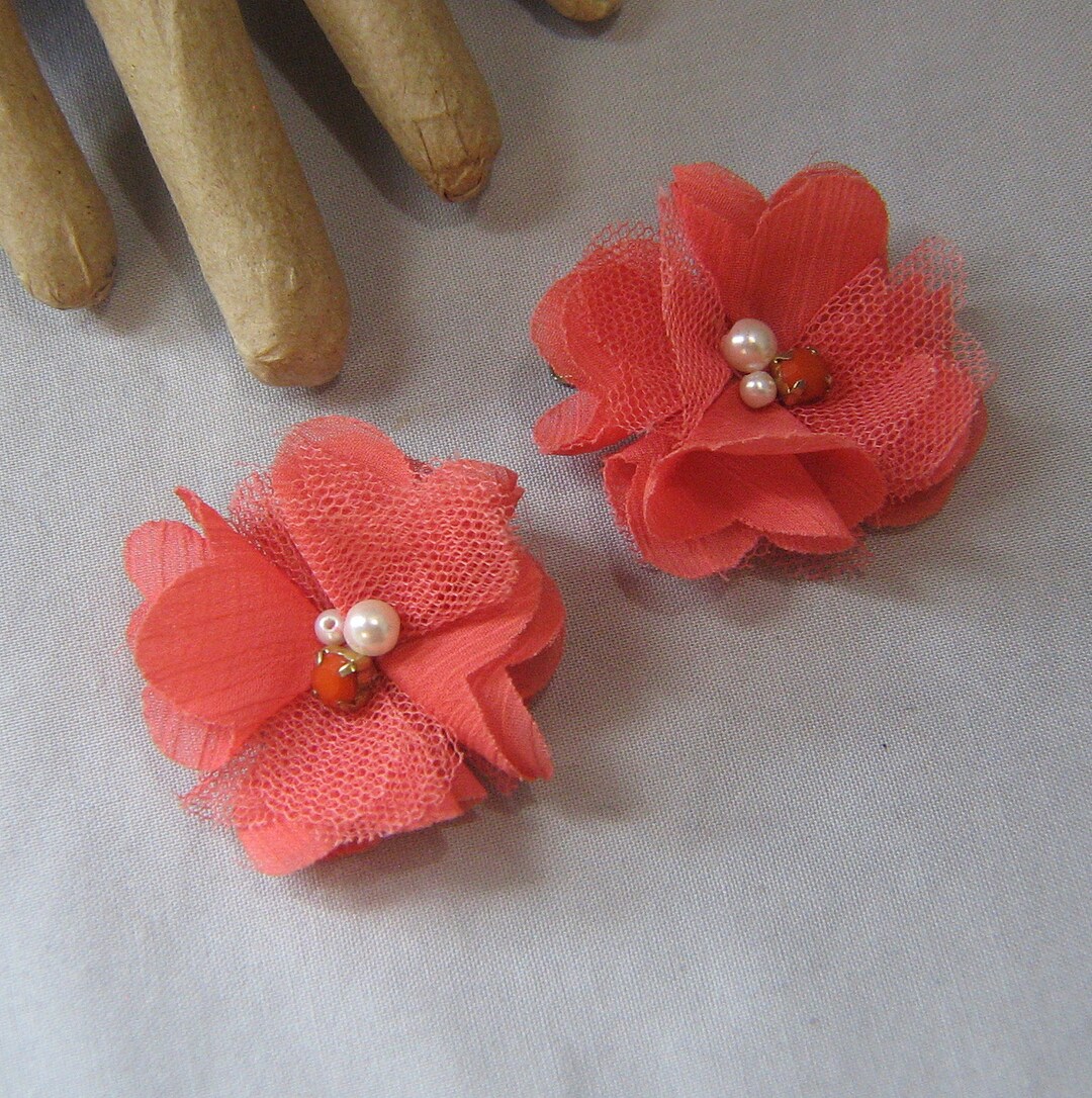 Vintage Coral Fabric Flower Barrettes With Rhinestones - Etsy