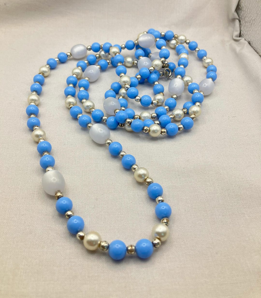 Long Lucite Beaded Necklace - Opera Length - Light Blue and White ...