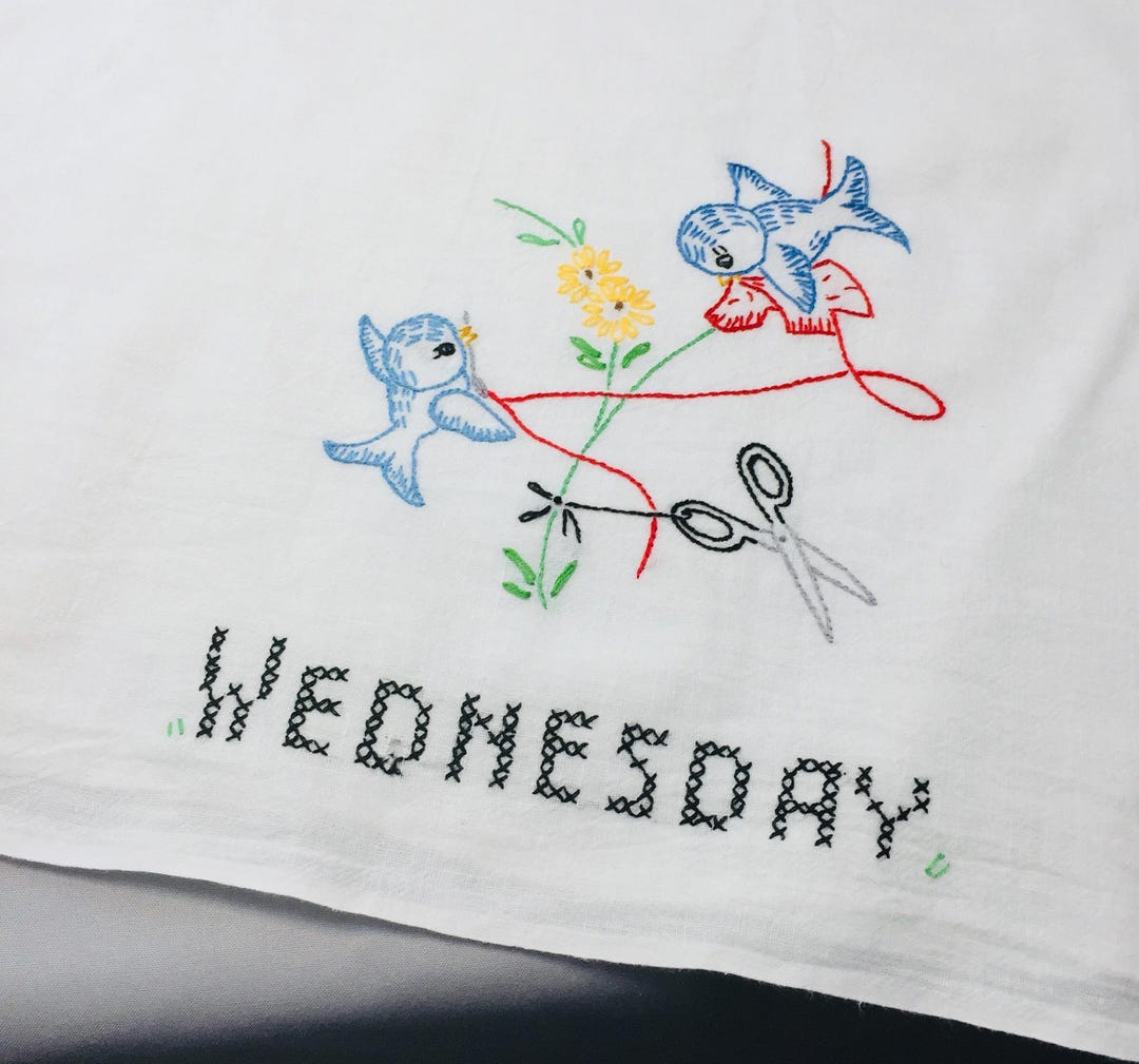 Vintage Embroidered Wednesday Dish Towel: Bluebirds Sewing - Etsy