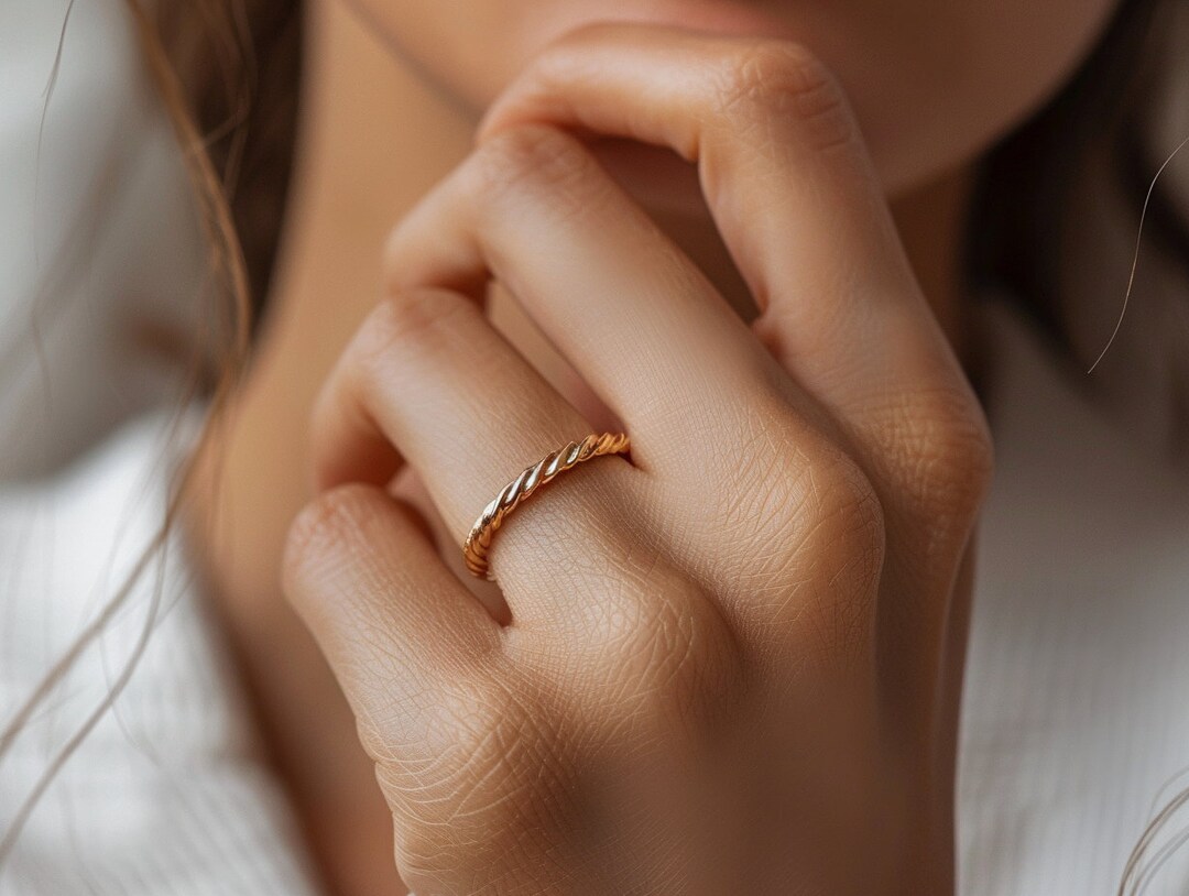 Gold Stackable Rings Thin Band Rings Dainty Gold Rings for Women Trendy Beaded Twist Hammered CZ ...