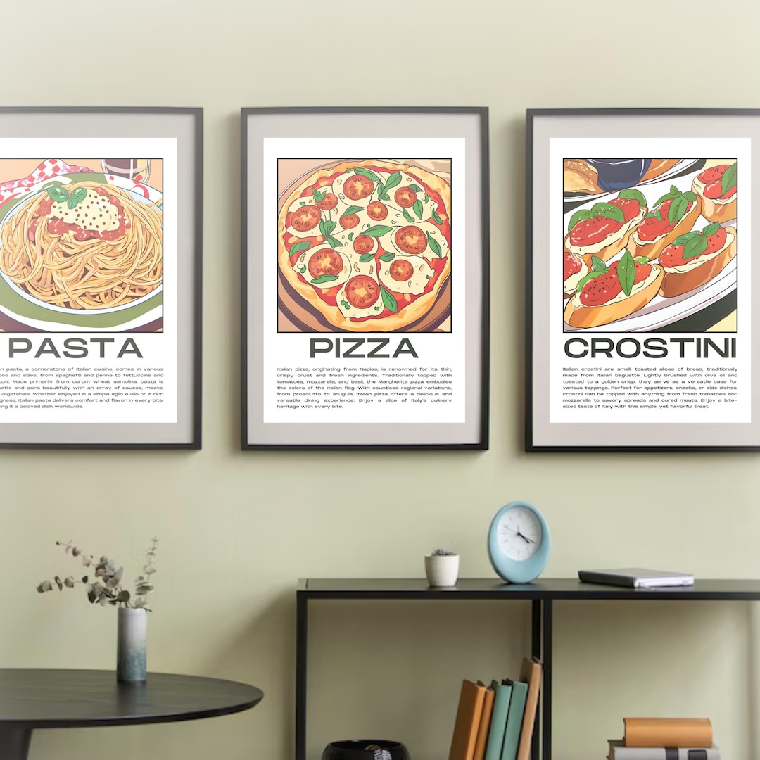 Italian Food Poster Set of 3 - Pizza Pasta Crostini - Traditional ...