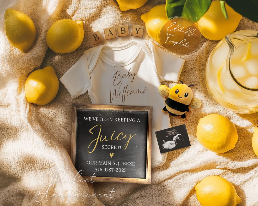 Simple Lemon Pregnancy Announcement Digital Template, Editable Summer ...