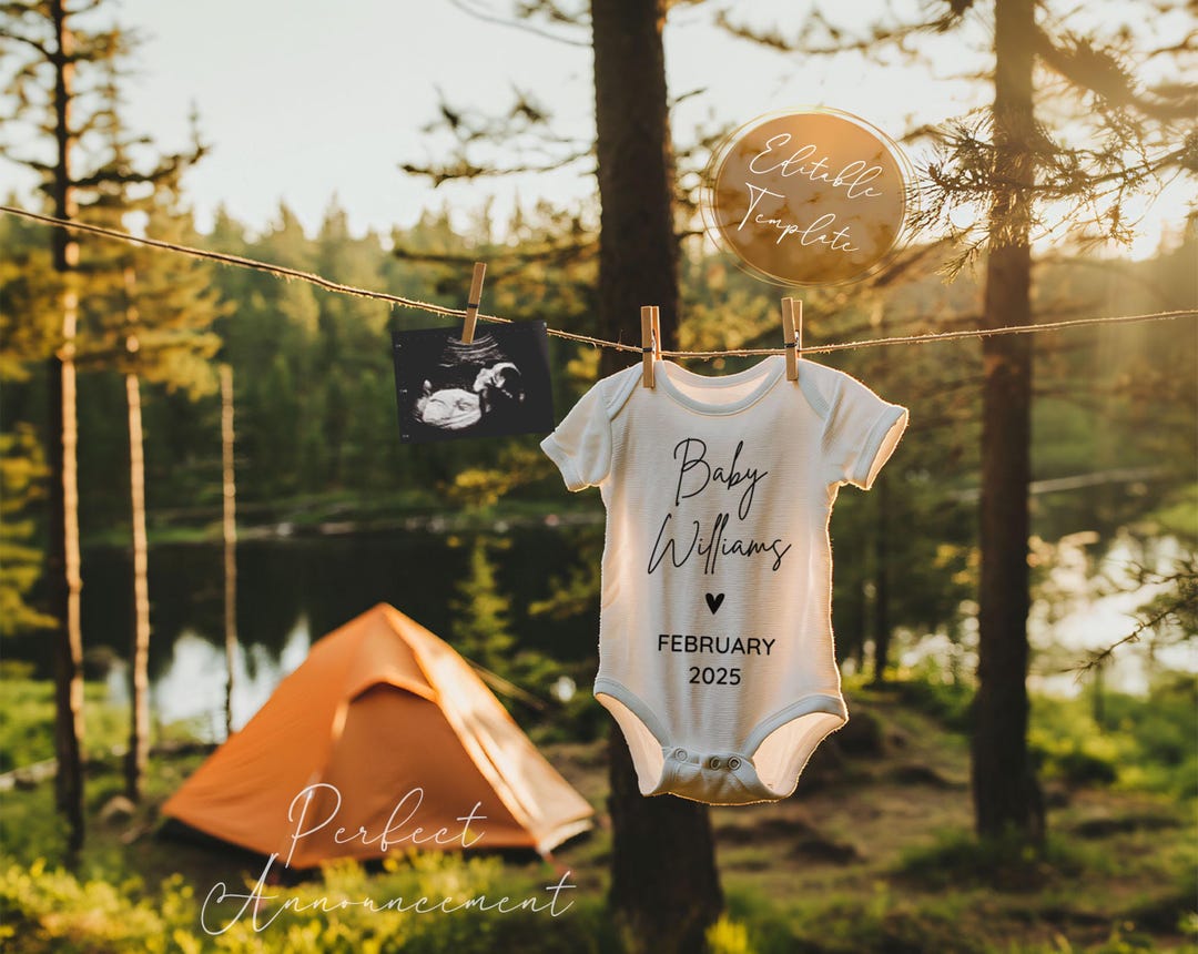 Simple Camping Pregnancy Announcement Digital, Editable Outdoorsy Baby ...