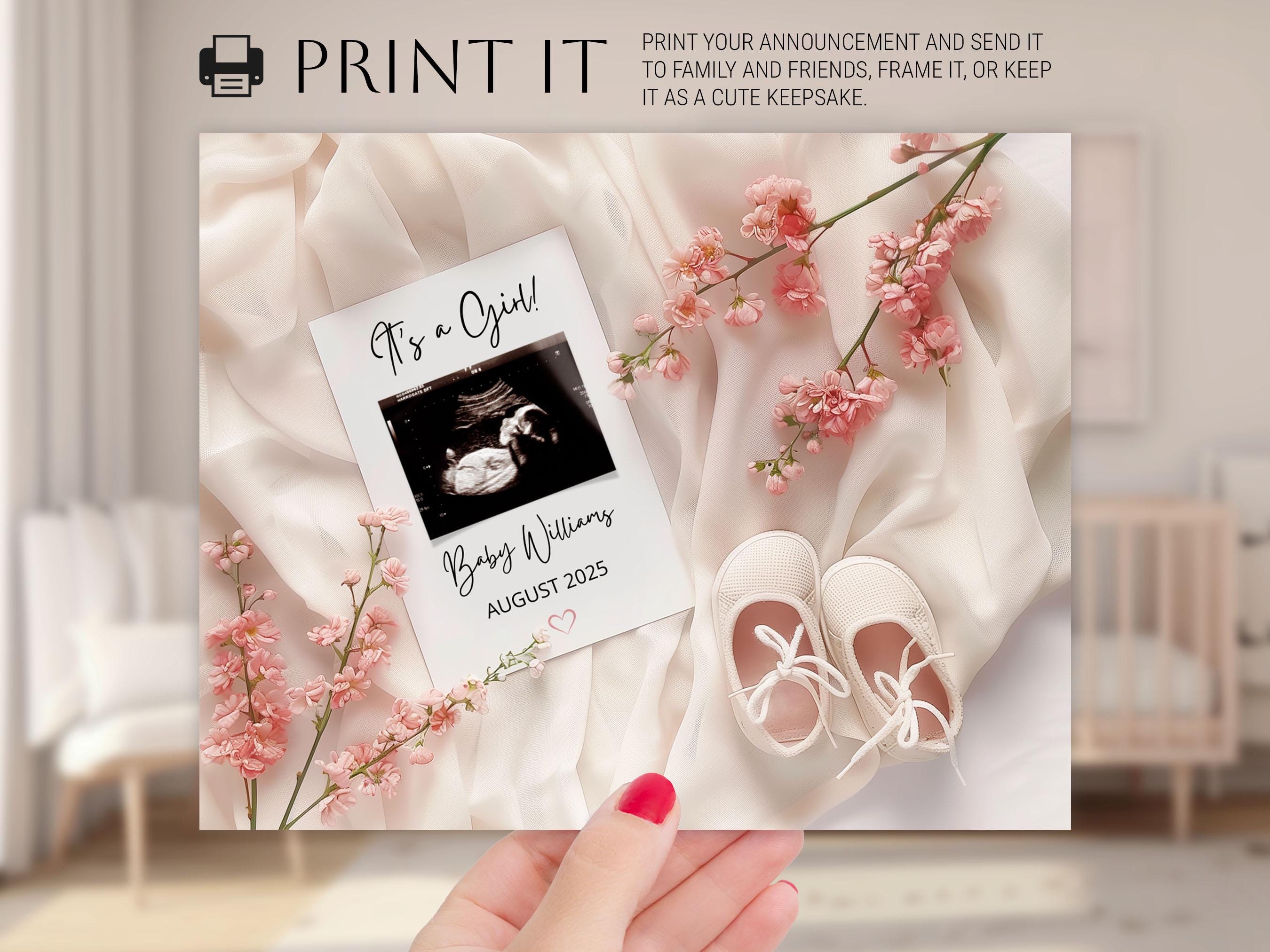 It's a Girl Baby Gender Reveal, Simple Pink Boho Pregnancy Announcement ...