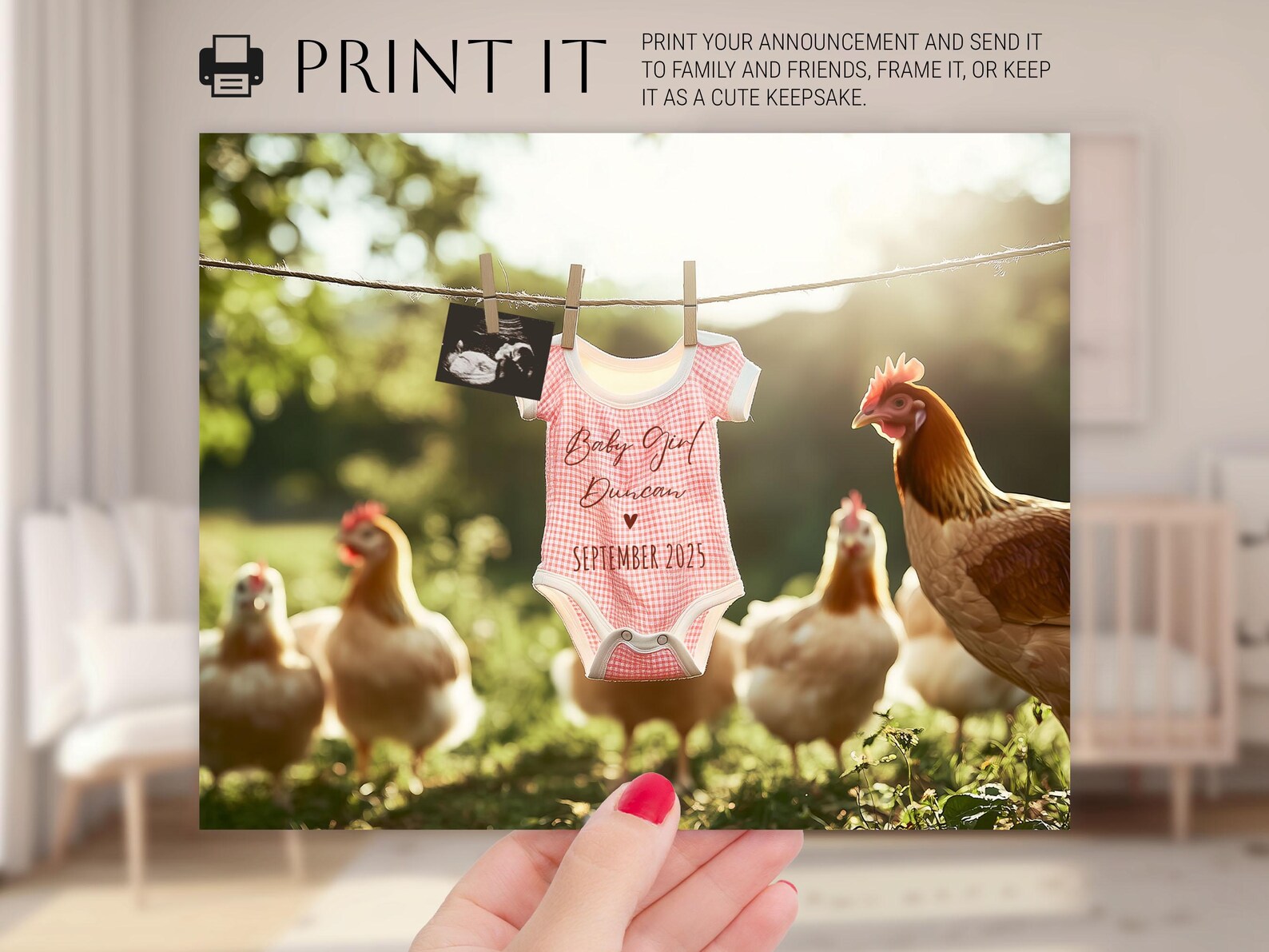 Simple Chicken Pregnancy Announcement Digital Template, Pink Baby Girl ...
