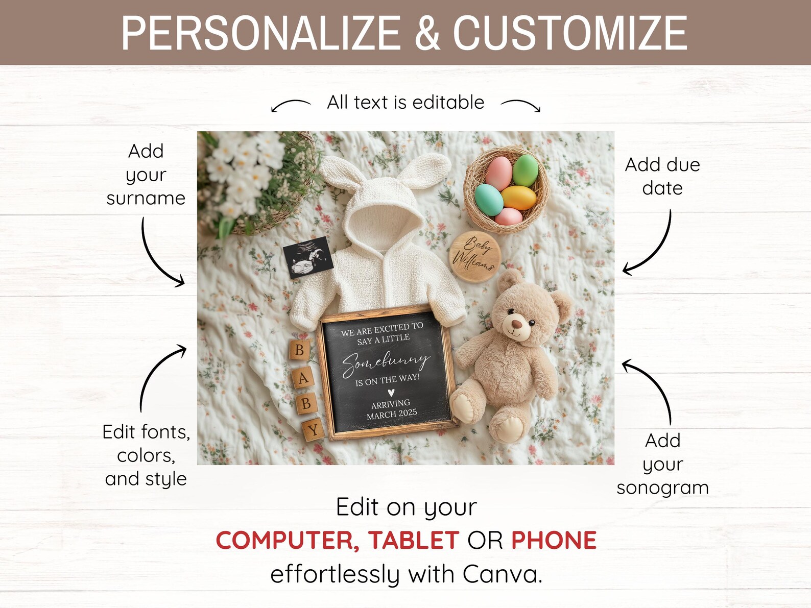 Simple Easter Pregnancy Announcement Digital Template, Editable Gender ...