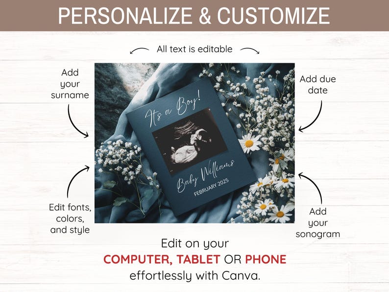 It's a Boy Baby Gender Reveal, Simple Pregnancy Announcement Digital ...