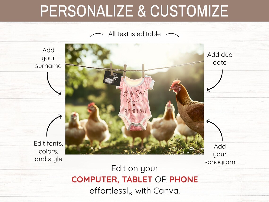 Simple Chicken Pregnancy Announcement Digital Template, Pink Baby Girl ...