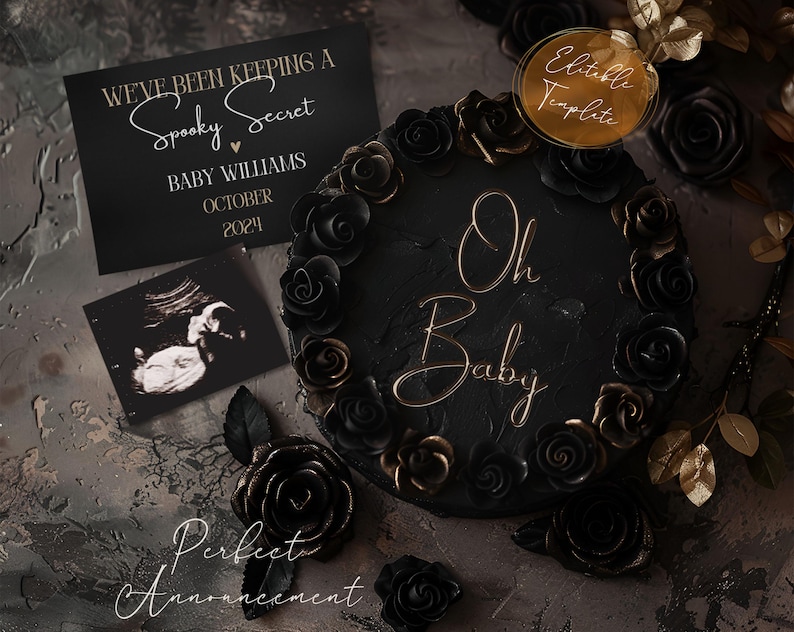 Simple Gothic Cake Pregnancy Announcement Digital Canva Template ...