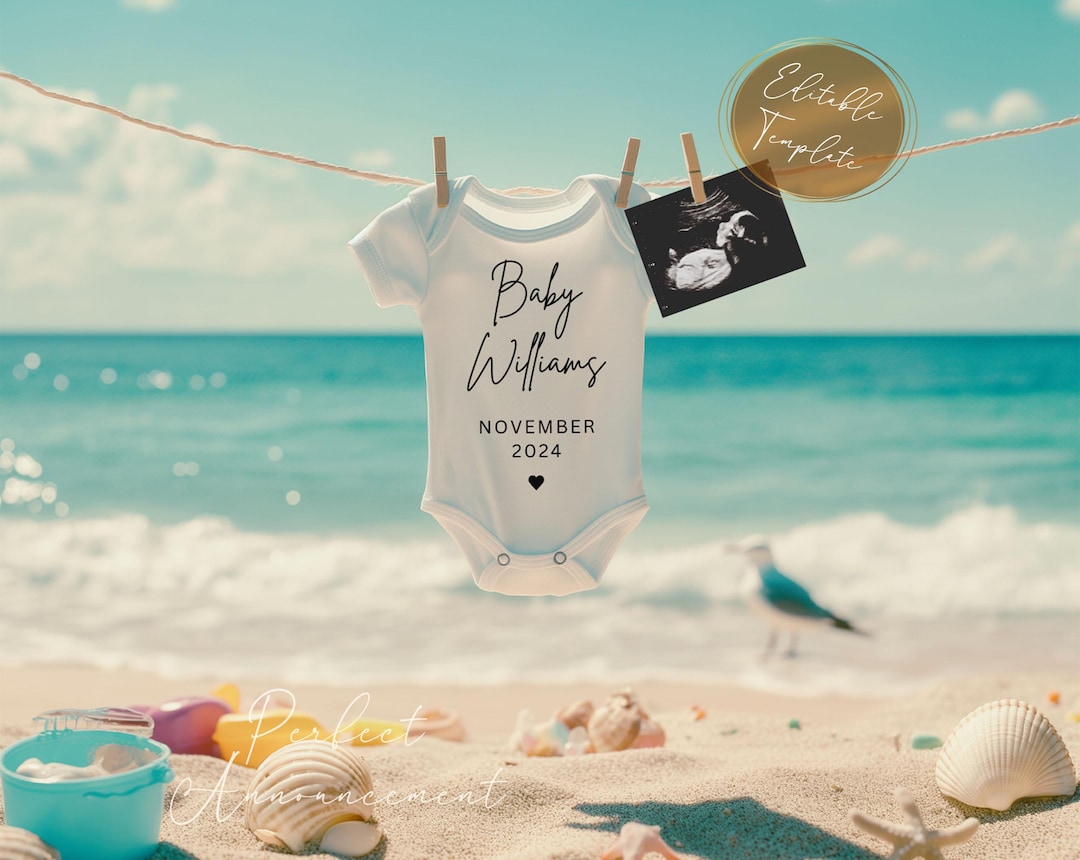Simple Beach Pregnancy Announcement Digital Canva Template, Summer ...