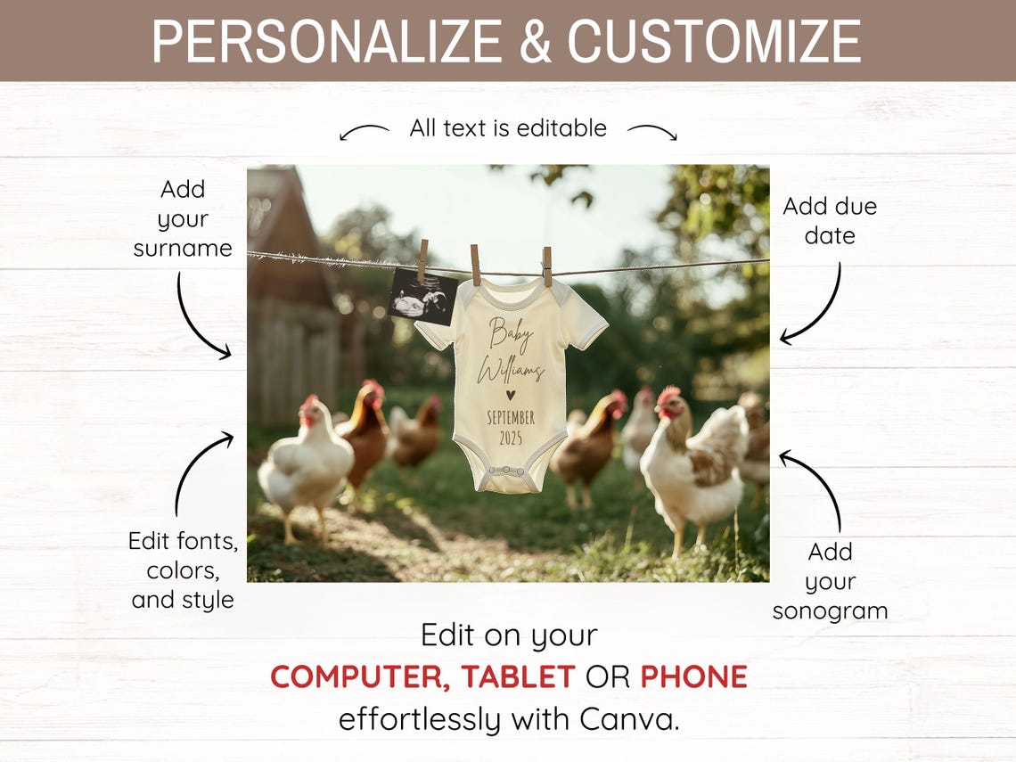 Simple Chicken Pregnancy Announcement Digital Canva Template, Boho Farm ...