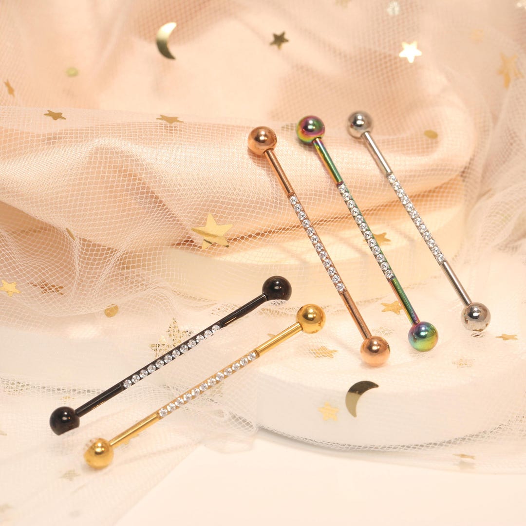 Industrial Barbell Scaffold Barbell 14G 38mm Clear CZ 316L Surgical Steel Cartilage Industrial ...