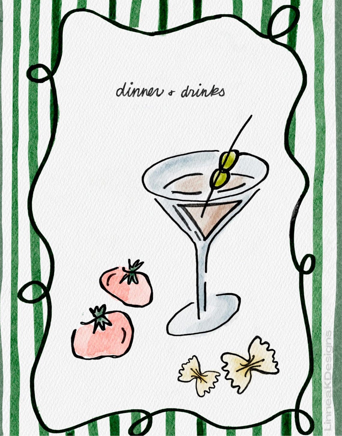 Retro Martini Sketch Dinner and Drinks Italian Pasta Tomato Stripe ...
