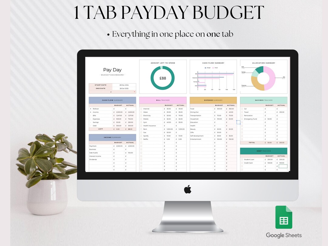 One Tab Paycheck Budget Spreadsheet Pay Day Planner for Google Sheets ...
