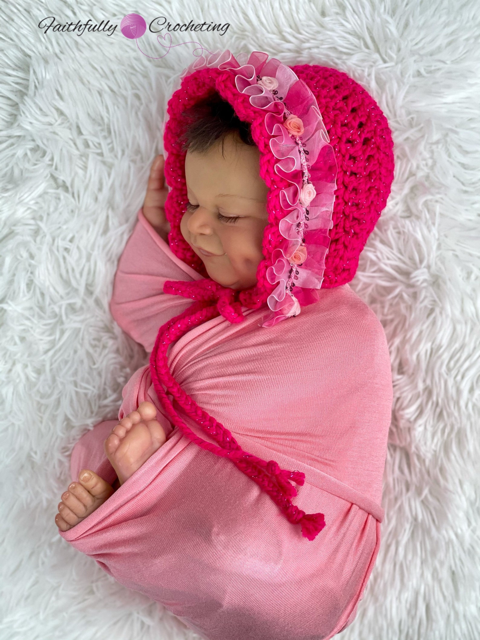 Newborn girl hat shimmering pink bonnet lace trim bonnet | Etsy