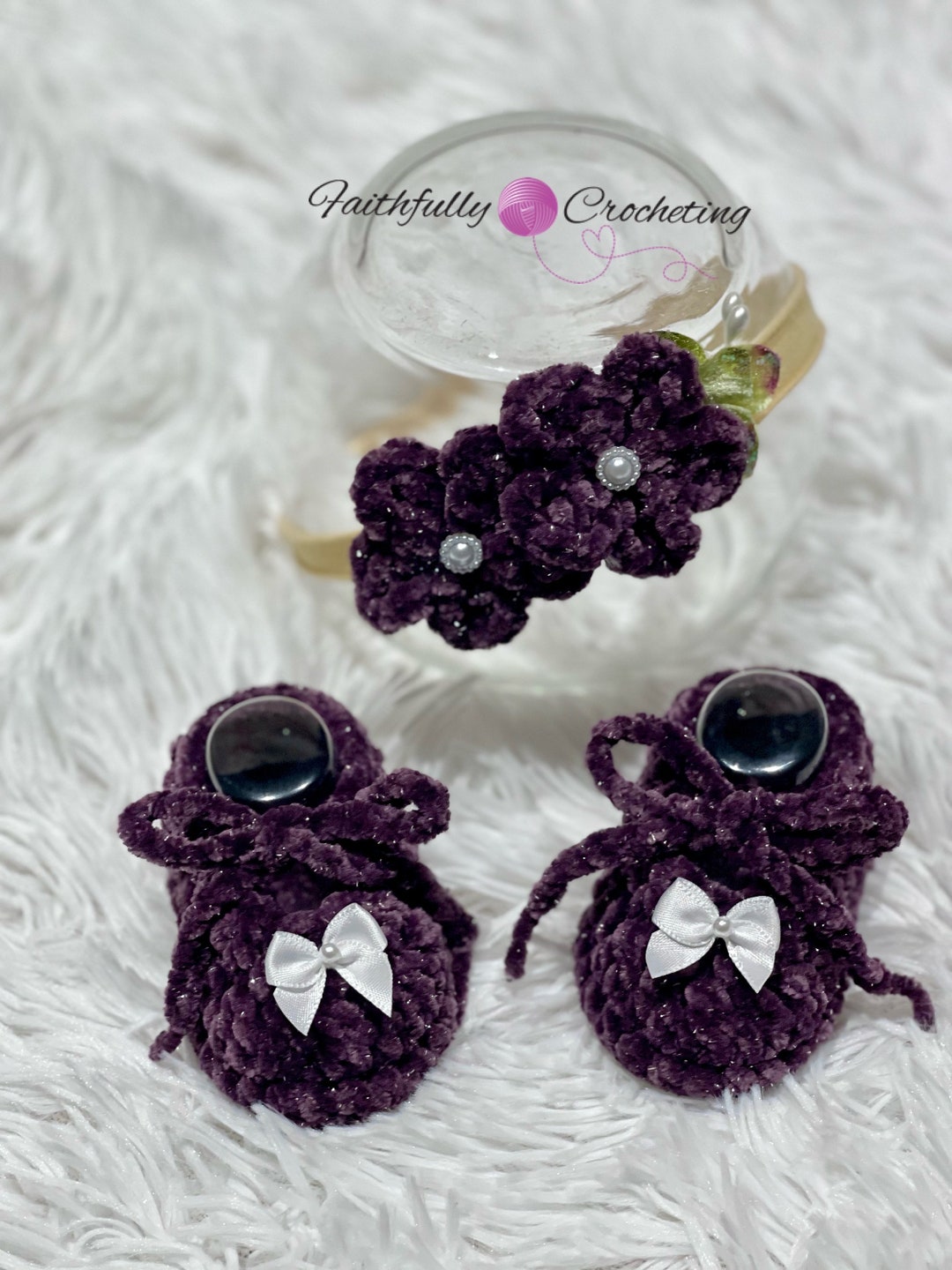 0/3 Months Booties and Headband, Sparkly Purple Chenille,ready to Ship ...