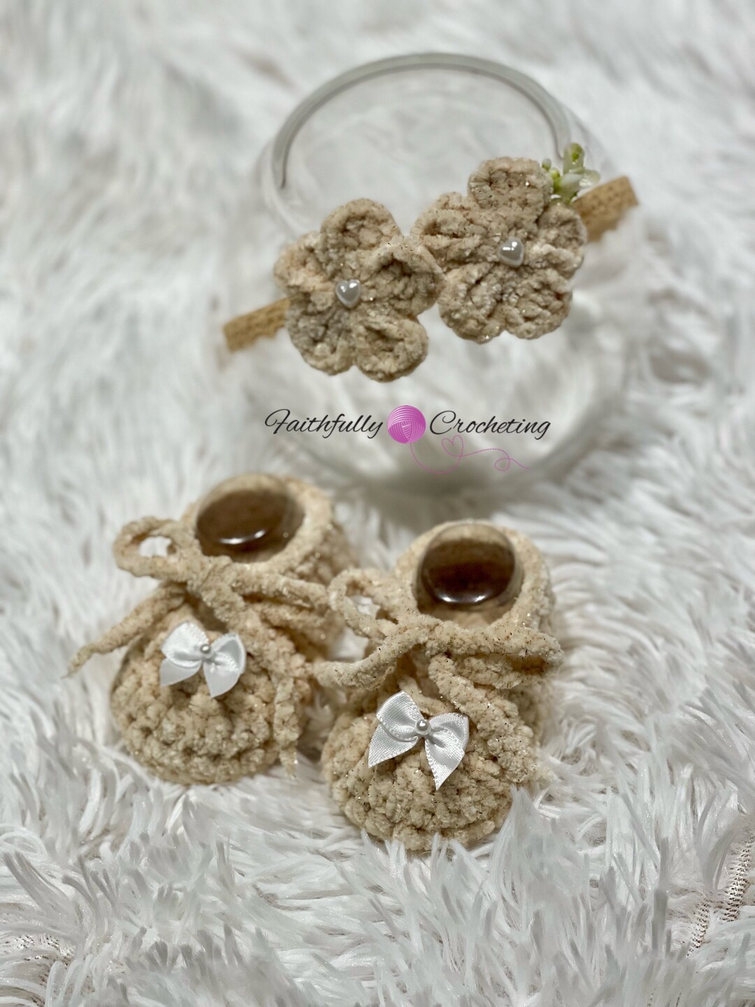 0/3 Months Booties and Headband, Sparkly Gold Chenille,ready to Ship ...