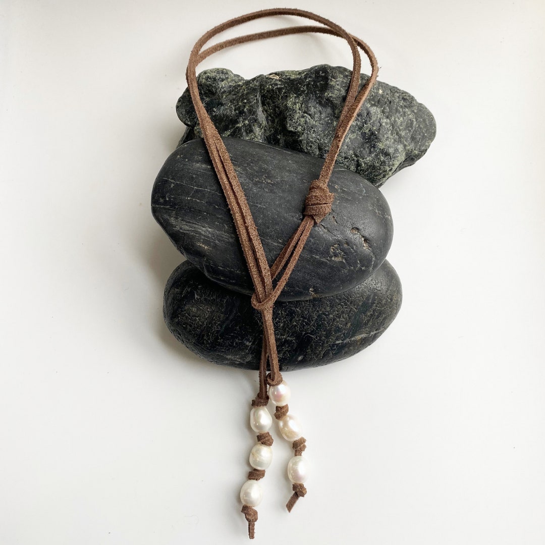 Braided Leather & Pearl Lariat Necklace, Leather and Pearl Jewelry ...