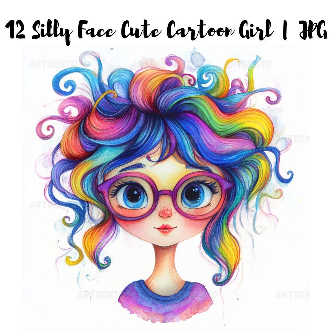 12 Silly Face Cute Cartoon Girl Clipart | Watercolor Printables | High ...