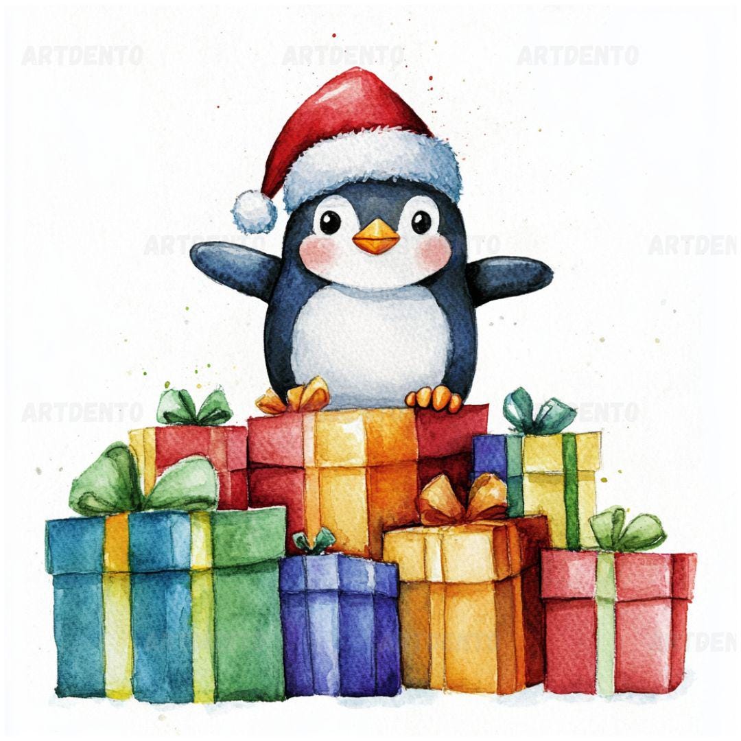 18 Winter Christmas Penguin, Cute Penguin Watercolor Printables High ...
