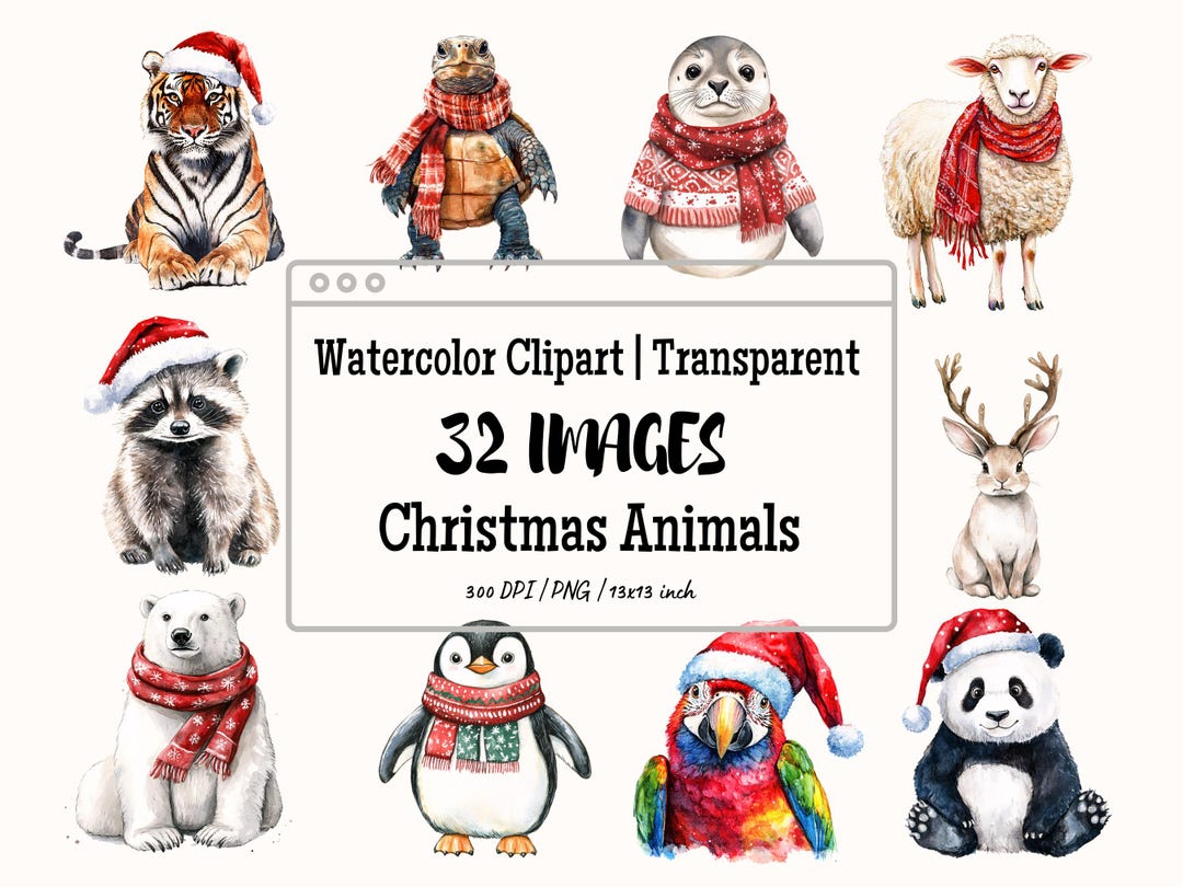 Christmas Animals Watercolor Clipart Bundle 32 PNG Christmas Animals in ...