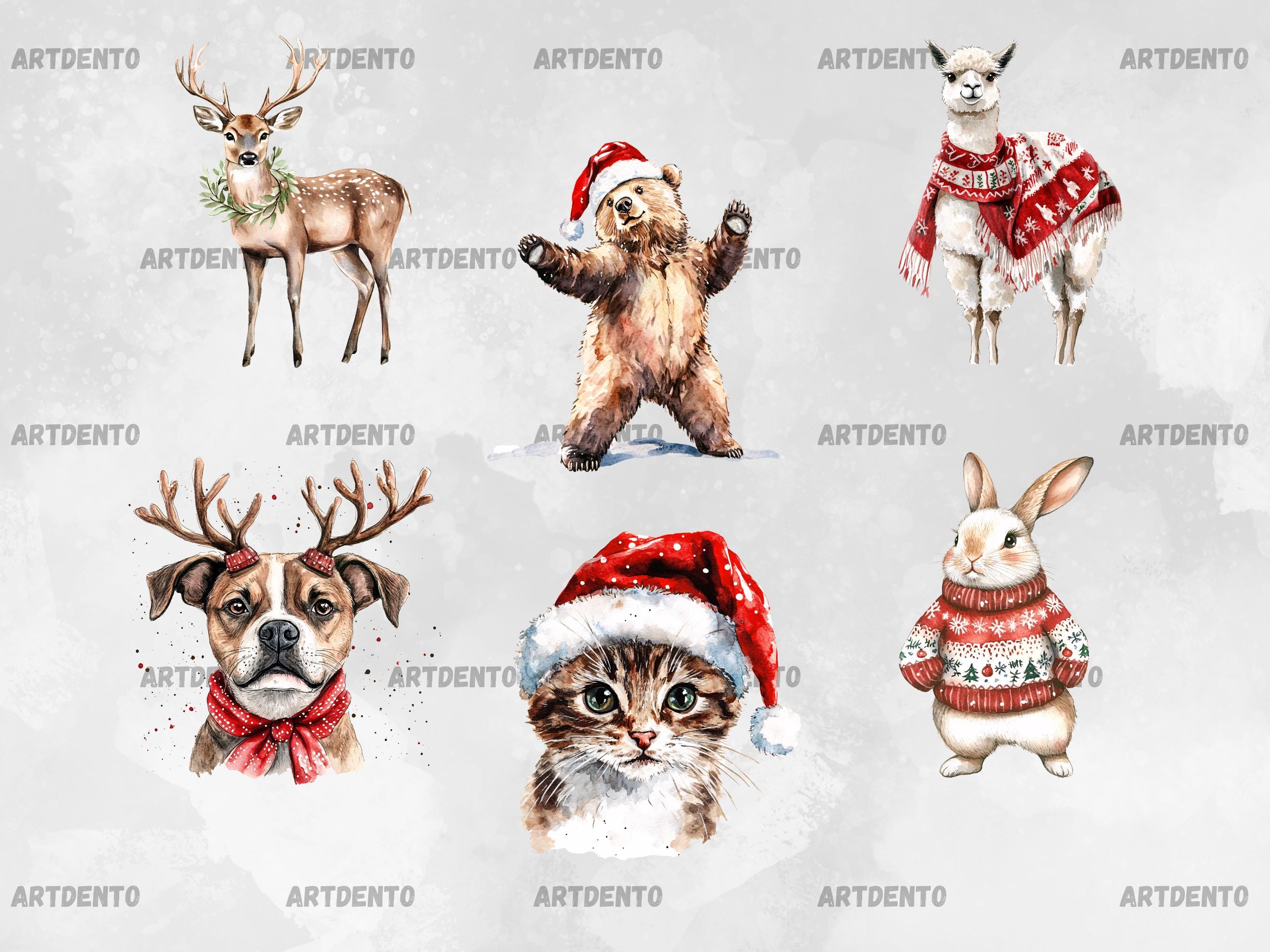 Christmas Animals Watercolor Clipart Bundle 32 PNG Christmas Animals in ...