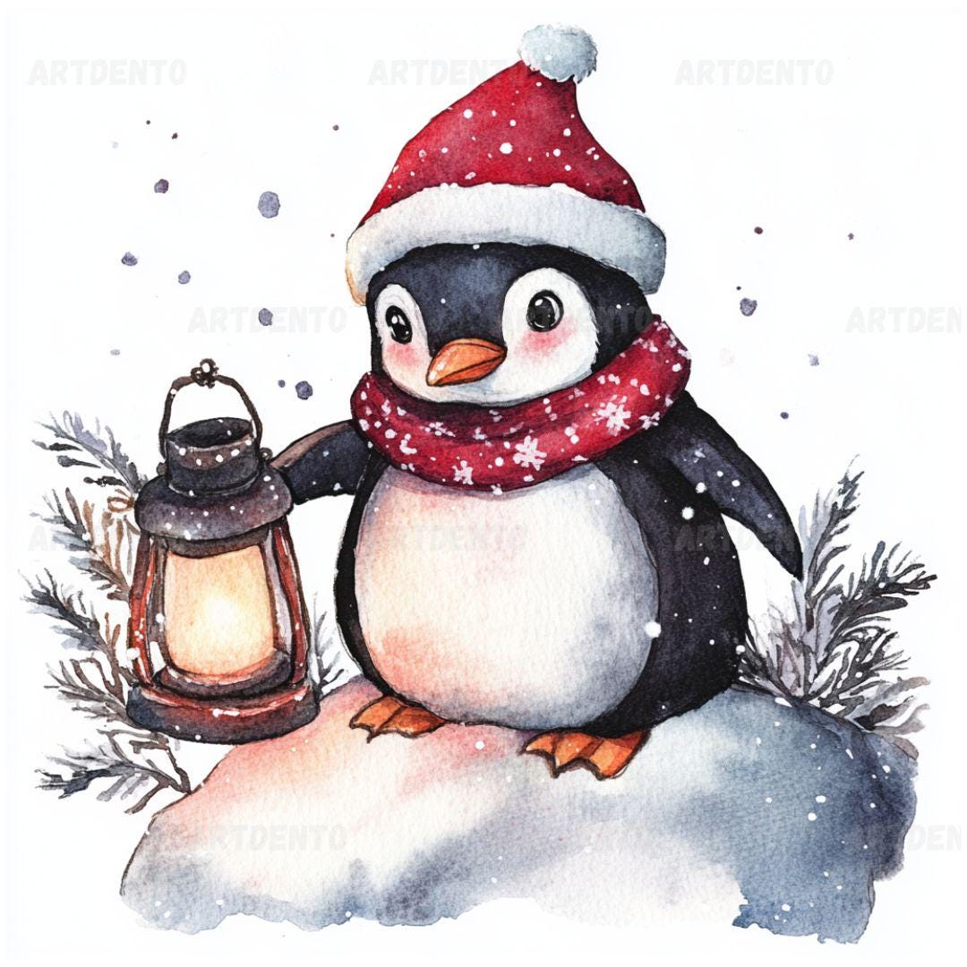 18 Winter Christmas Penguin, Cute Penguin Watercolor Printables High ...