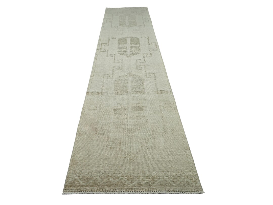3x13 Vintage Neutral Runner, 1970s Hand-knotted Geometric Rug, Long ...