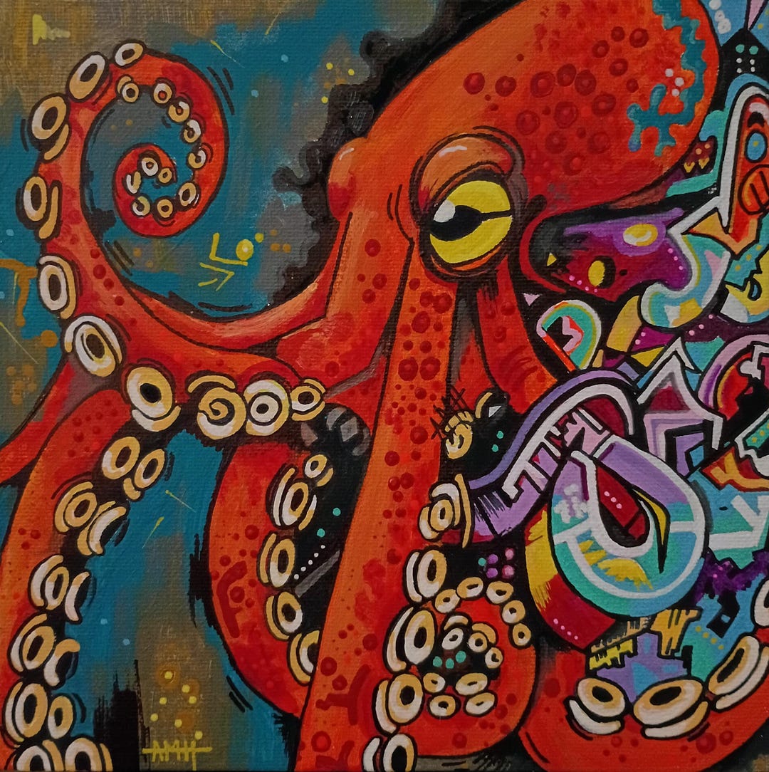 Octopus Graffiti. 8x8" Original Mixed Media Painting on Canvas. Hand ...