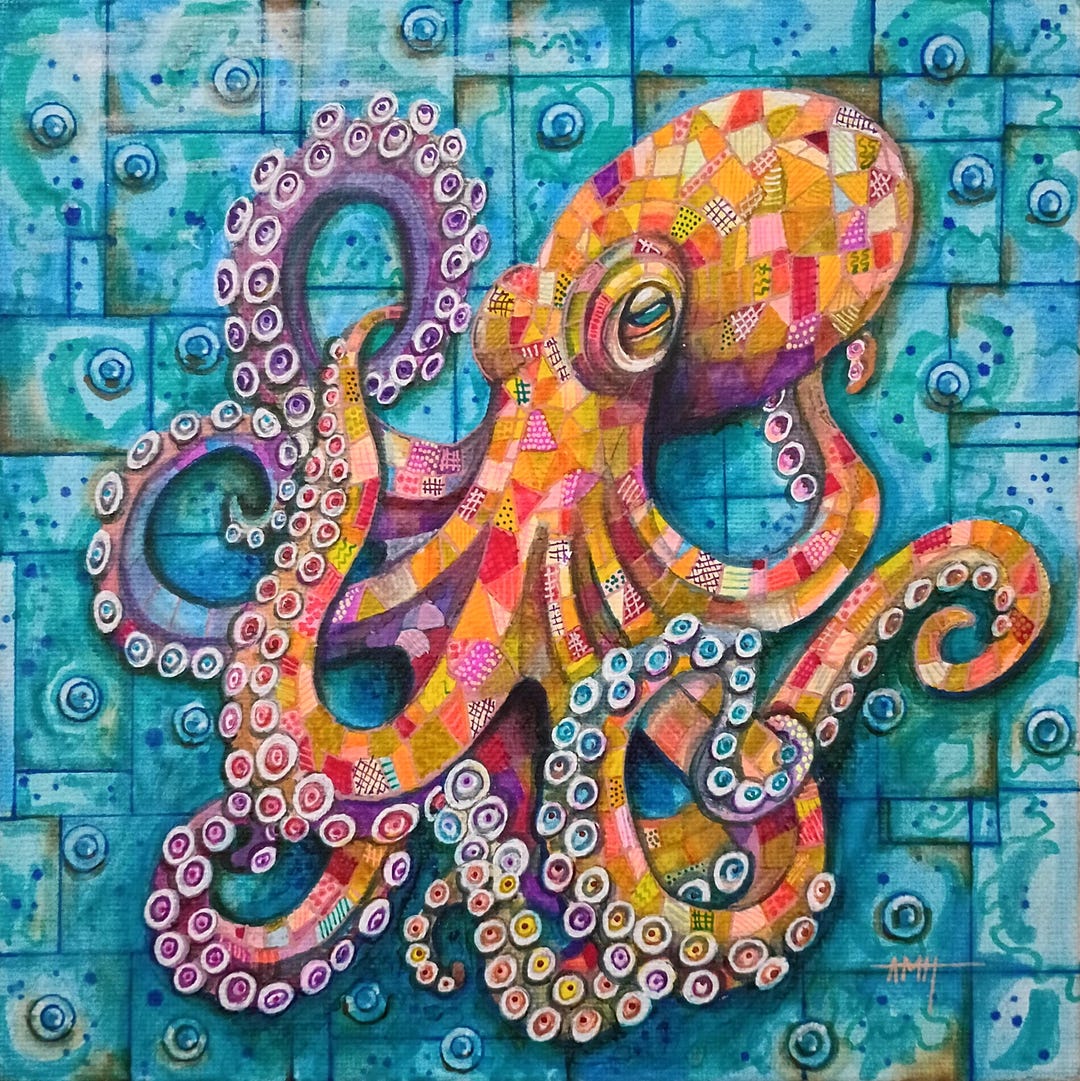Mosaic Octopus. 8x8" Original Mixed Media Painting on Canvas. Hand ...