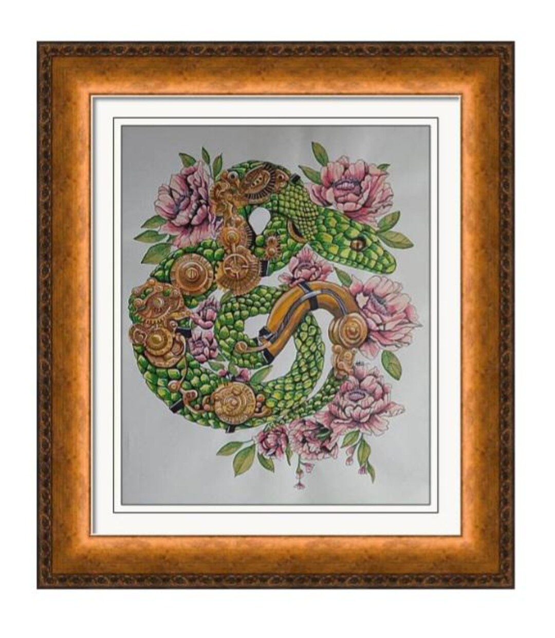 Steampunk Green Rat Snake. 8x10" Print of an Original Mixed Media ...