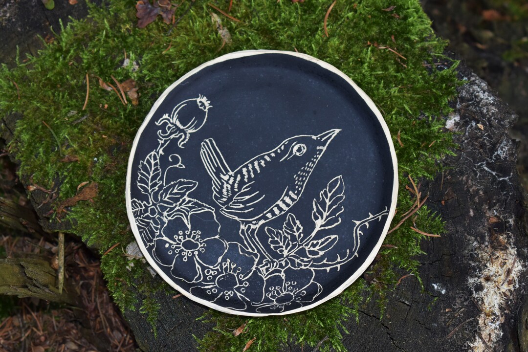 Sgraffito Pottery, Robin Plate , Handmade Carved Plate, Black Stoneware ...