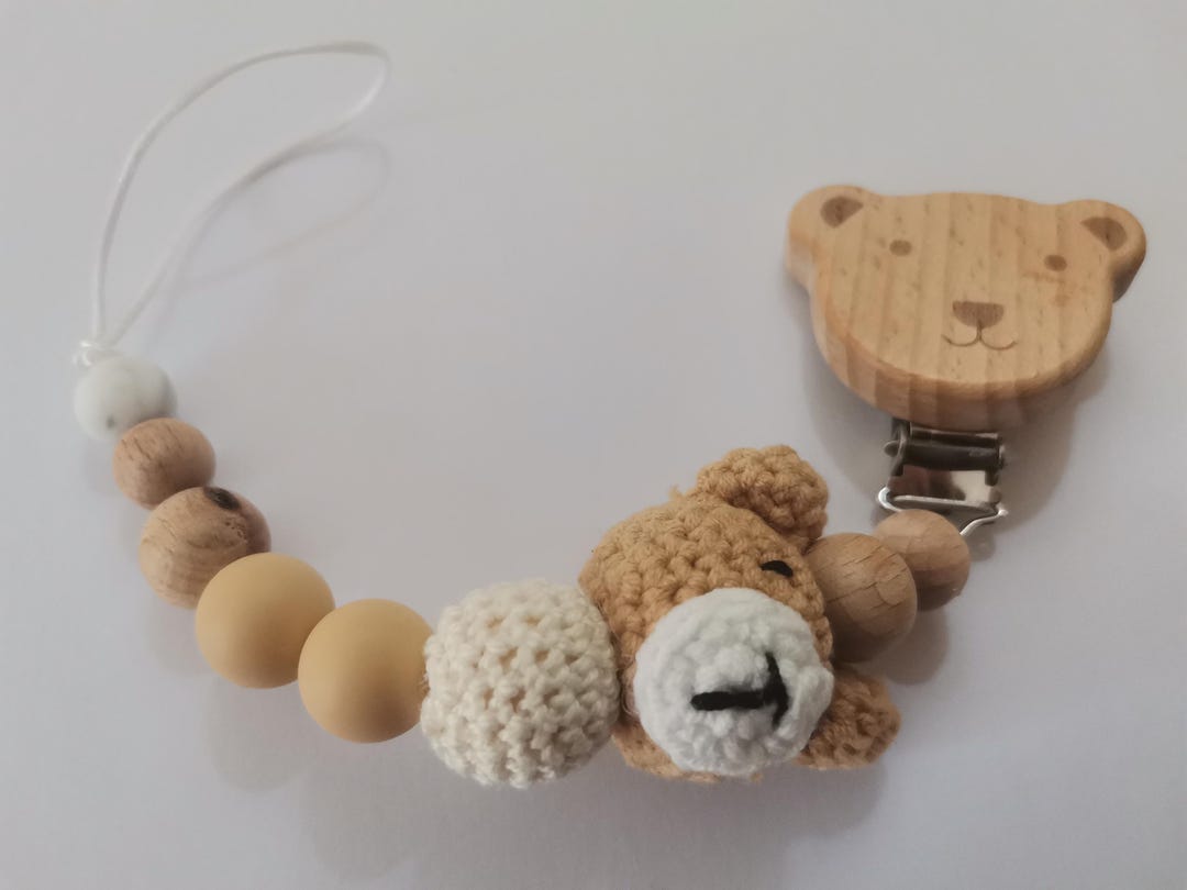Wood Crochet Teddy Bear Dummy Clip,handmade Crochet Baby Pacifier Clip ...