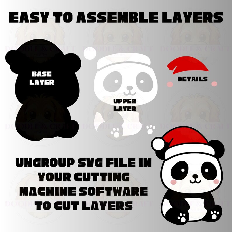 Xmas Panda SVG Outline + Multicolour Layered Design, Kawaii Panda ...