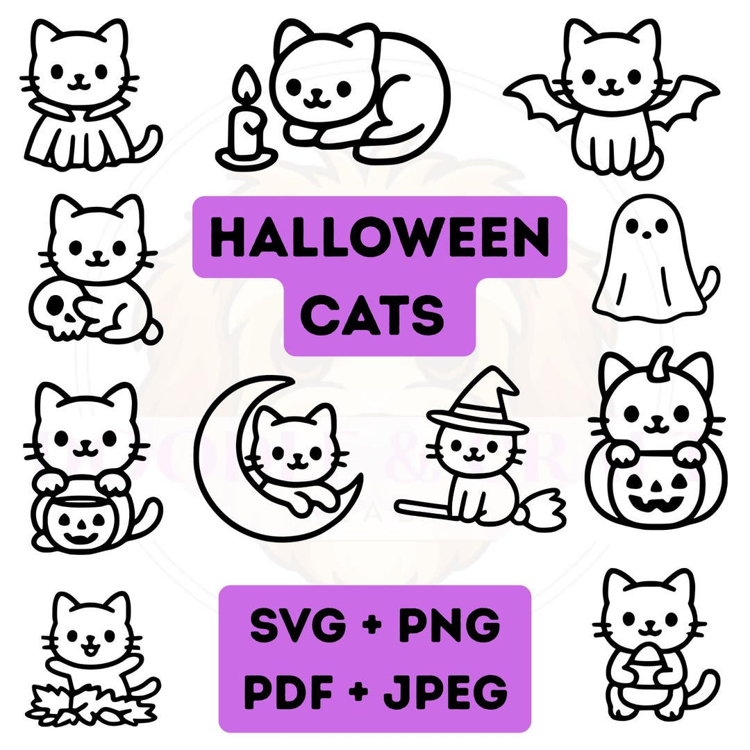 Halloween Cats SVG Bundle Cute Kawaii Outline Cats Cut File for Cricut ...